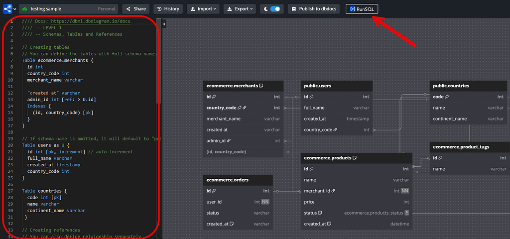 Database Structure Moves To Runsql Tool From Dbdiagram Runsql Button